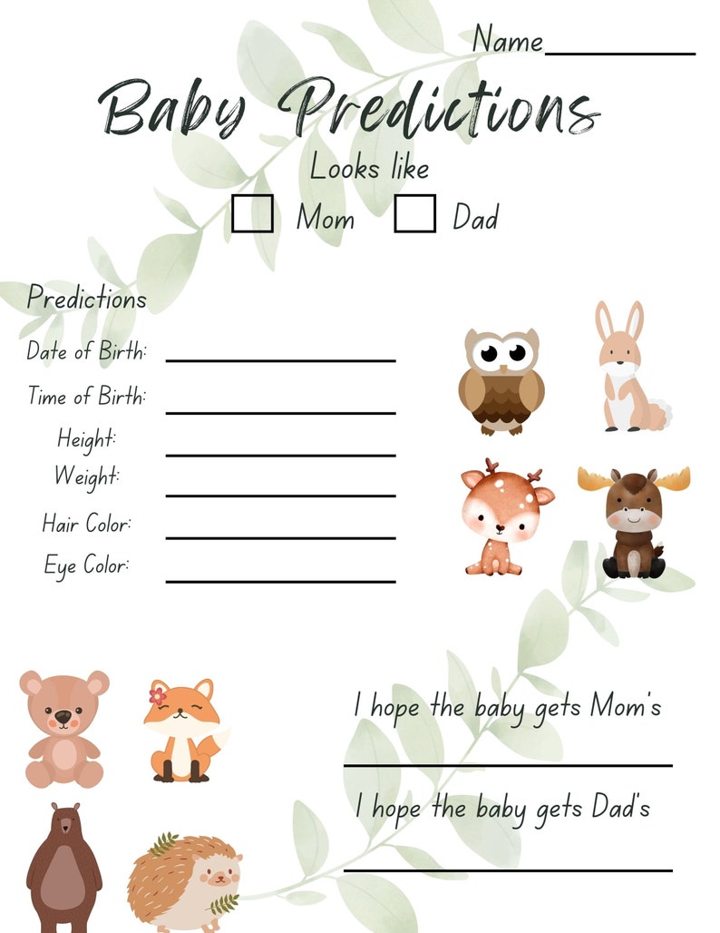 Baby Shower Baby Predictions Game Woodland Creatures Theme Printable ...