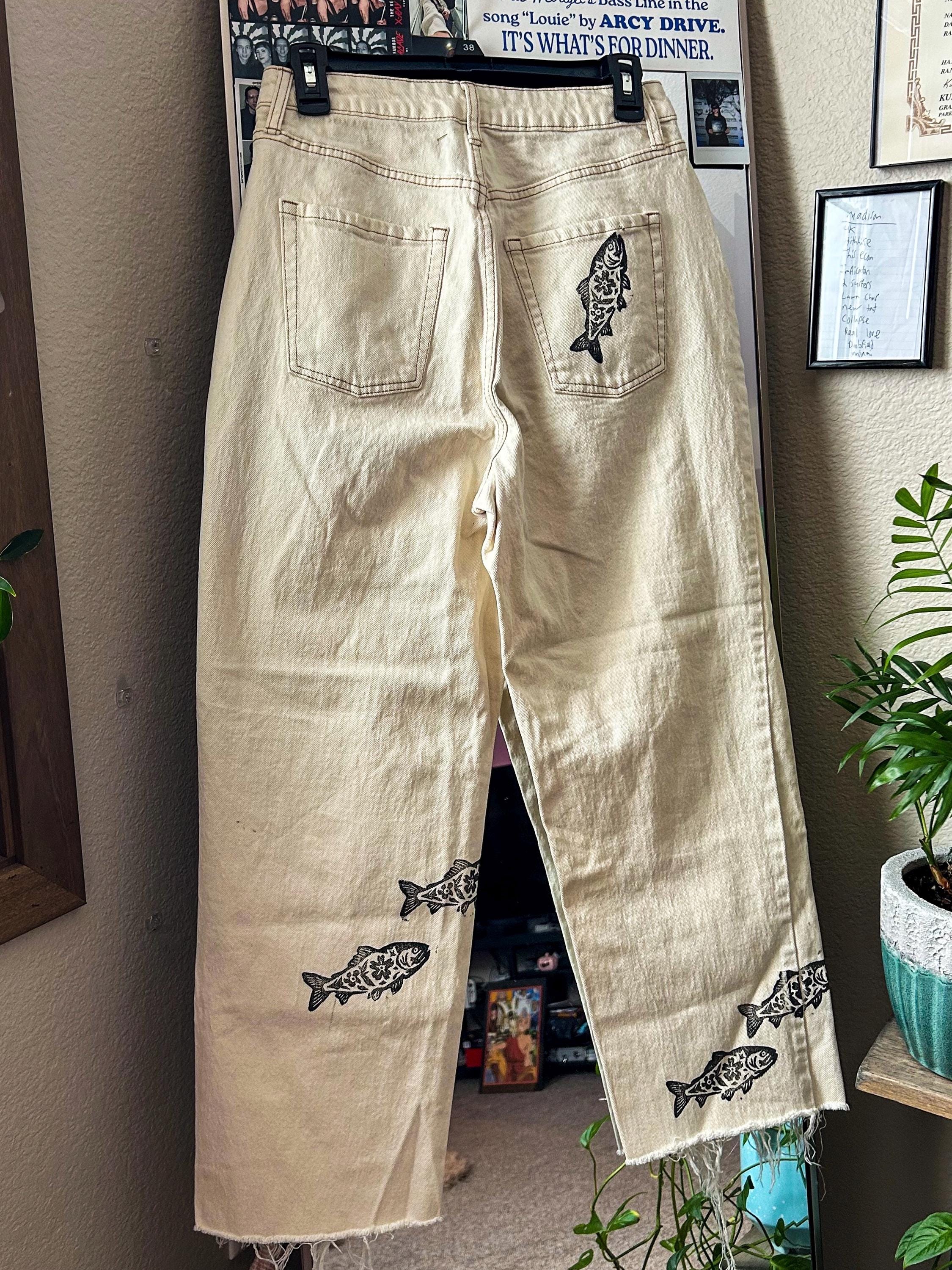 Hand Stamped Fish Jeans (one of a Kind) - Etsy