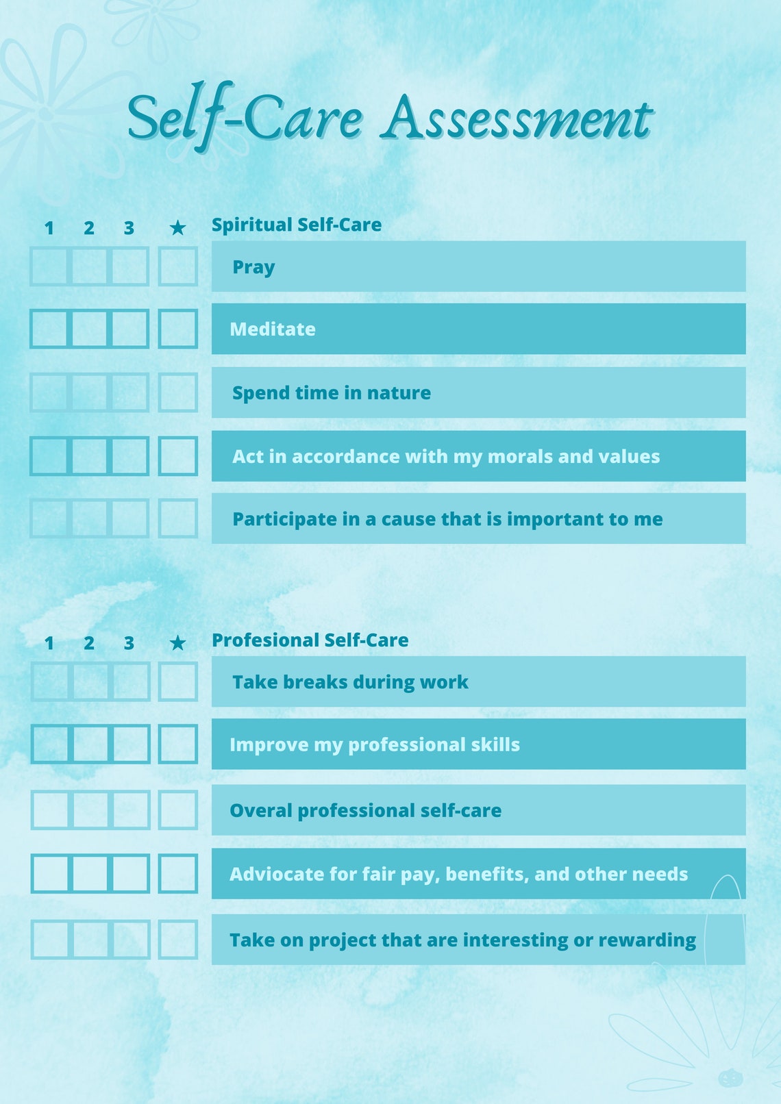 Green Watercolor Self Care Assessment Planner A4 Document, Printable ...