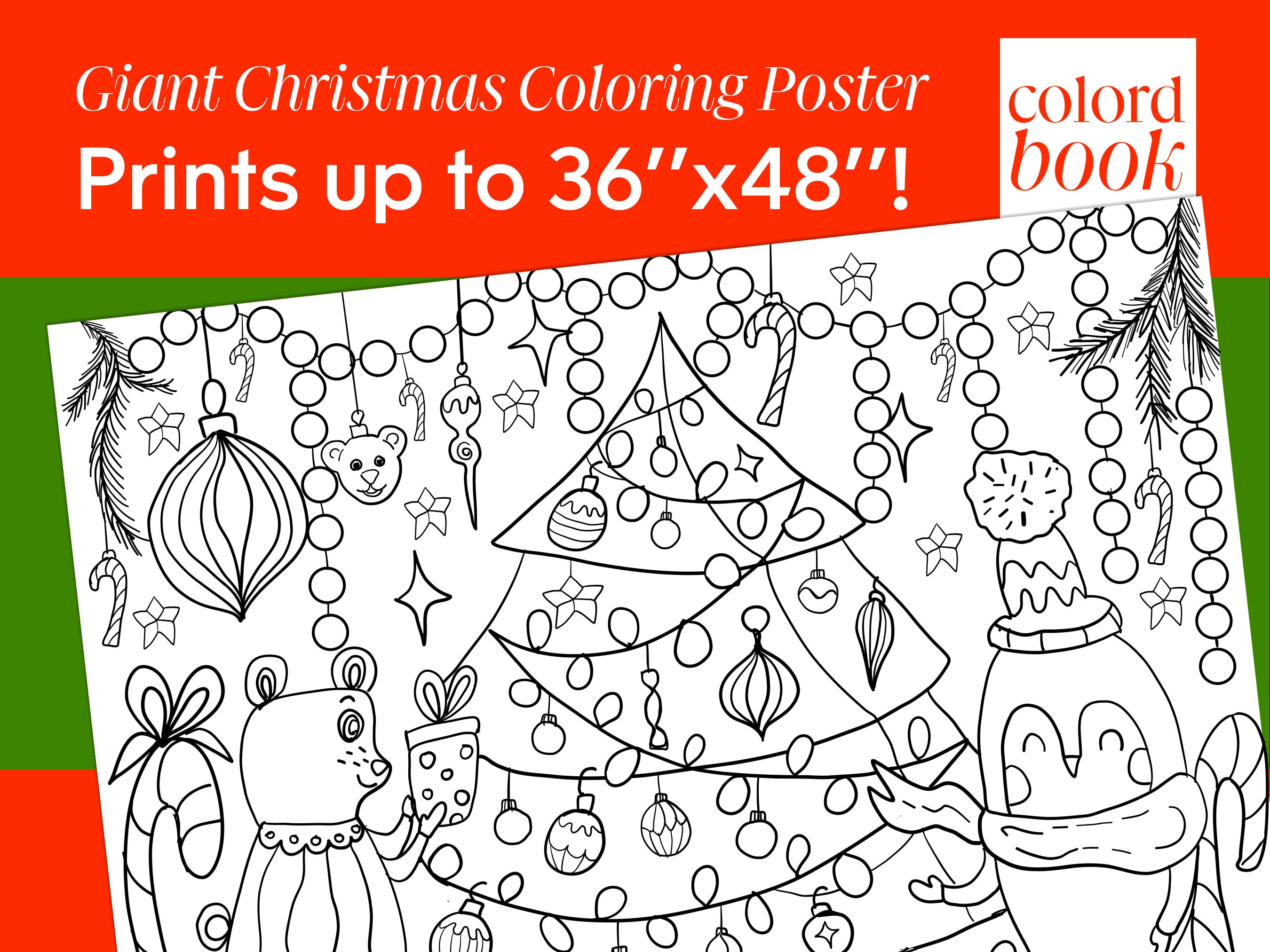 Giant Christmas Coloring Poster Holiday Printables Black and White ...