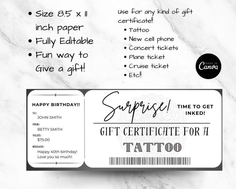 Tattoo Gift Voucher Editable | Tattoo Gift Card | Tattoo Gift ...