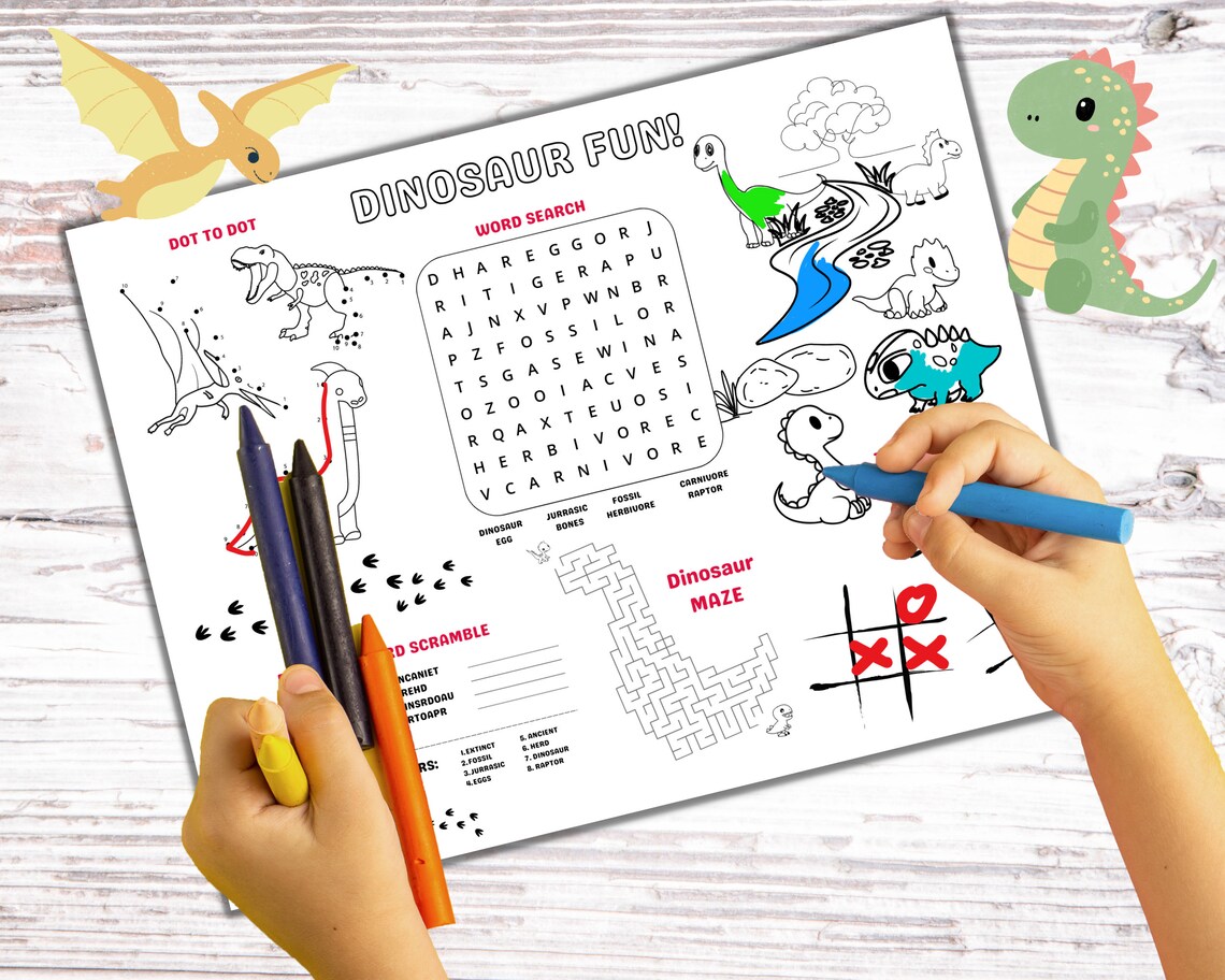 Dino Coloring Page |printable Dinosaur Placemat |dinosaur Activity Sheet |kids Coloring Page ...