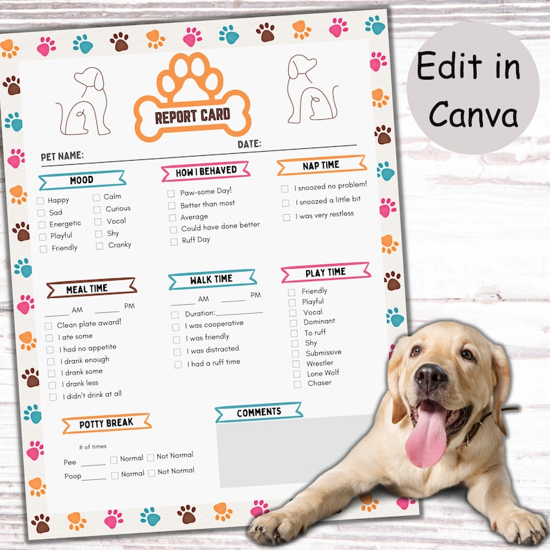 Editable Dog Report Card, Dog Boarding Report Card, Dog Daycare Report ...