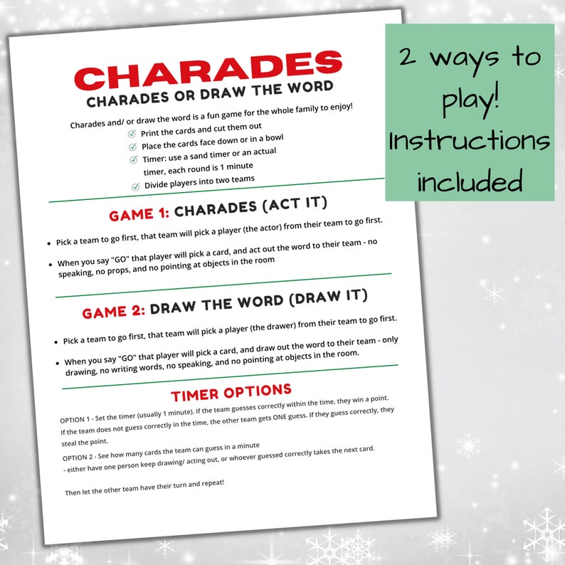 Christmas Charades, Holiday Charades, Charade Cards, Office Party Game ...