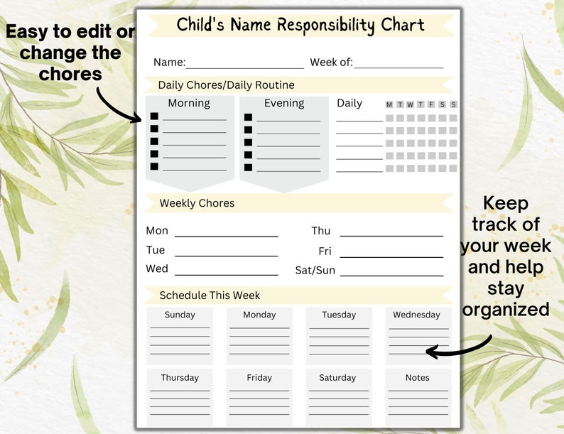 Editable Printable Responsibility Chart, Editable Chore Chart, Reward ...
