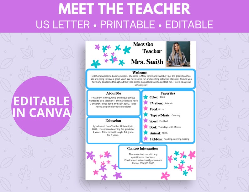 Editable Meet the Teacher Template, Canva Template, All About Me ...