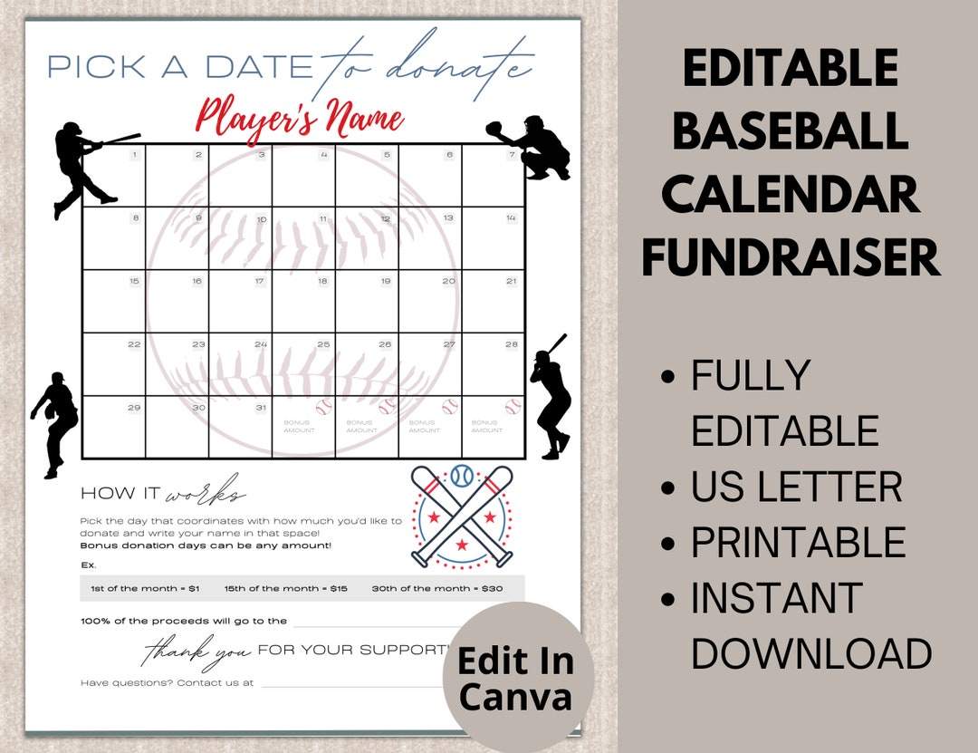 Editable Baseball Fundraiser Pick a Date Fundraiser Calendar - Etsy