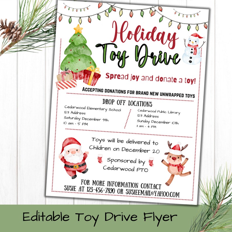 Editable Toy Drive Flyer, Holiday Toy Drive Flyer, Church Christmas ...