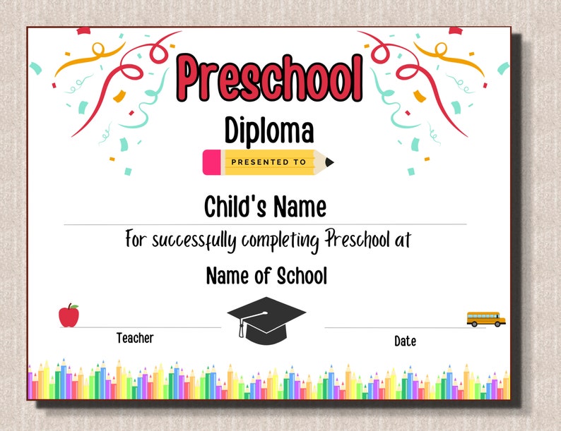 Editable Preschool Diploma Preschool Certificate Preschool - Etsy