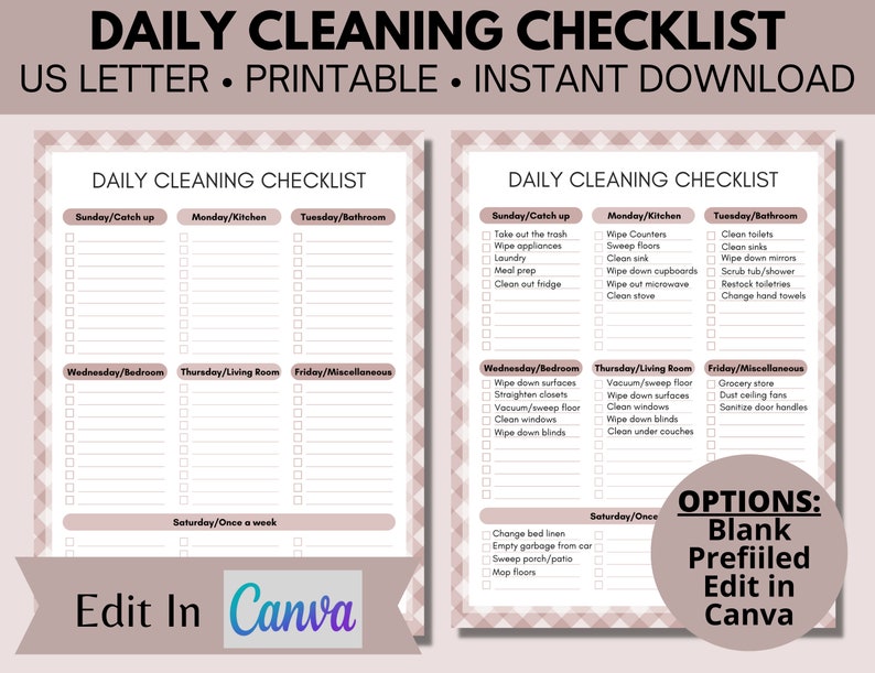 Editable Daily Cleaning Checklist, Cleaning Planner, Cleaning Printable ...