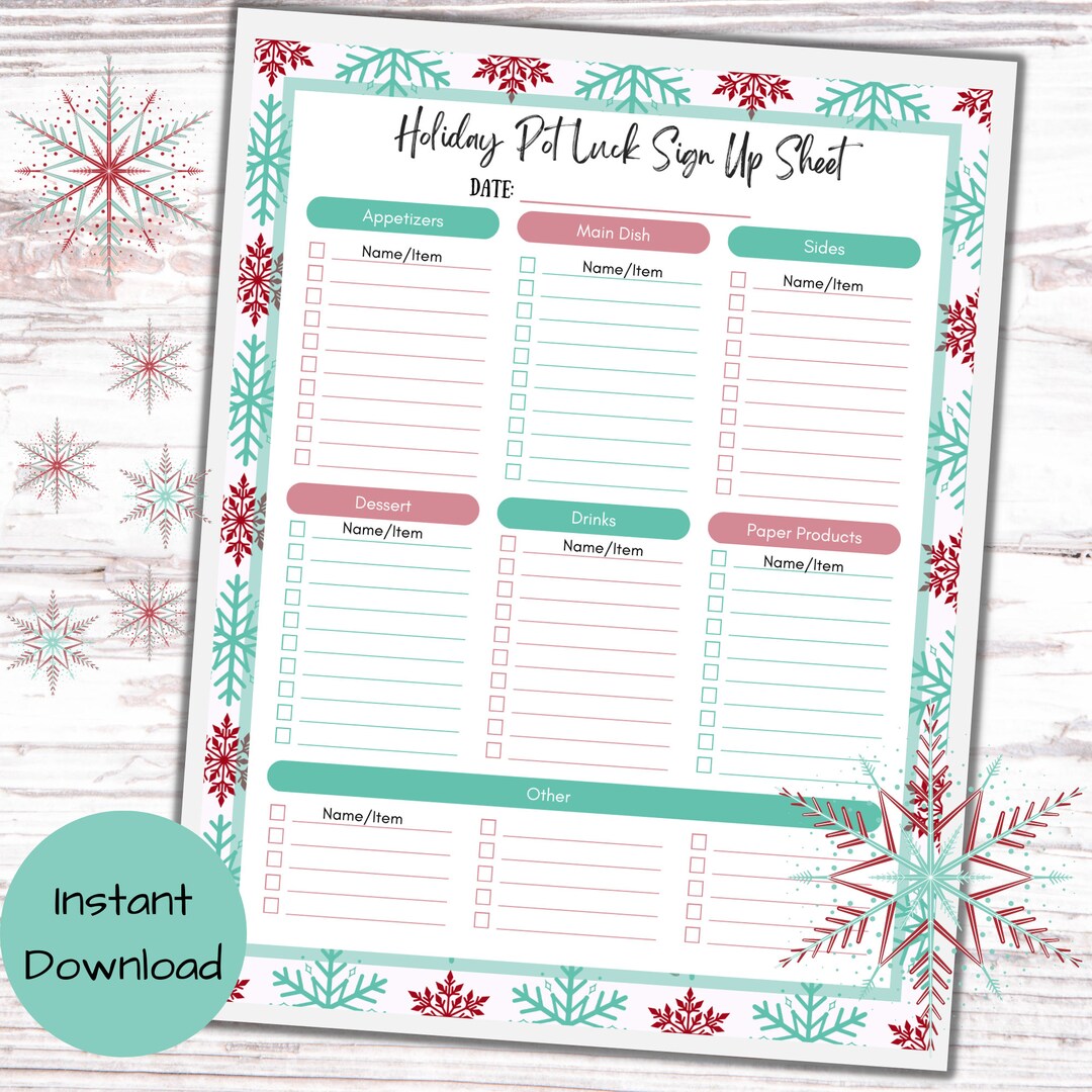 Printable Christmas Potluck Sign up Sheet, Sign up Sheet, Holiday Party ...