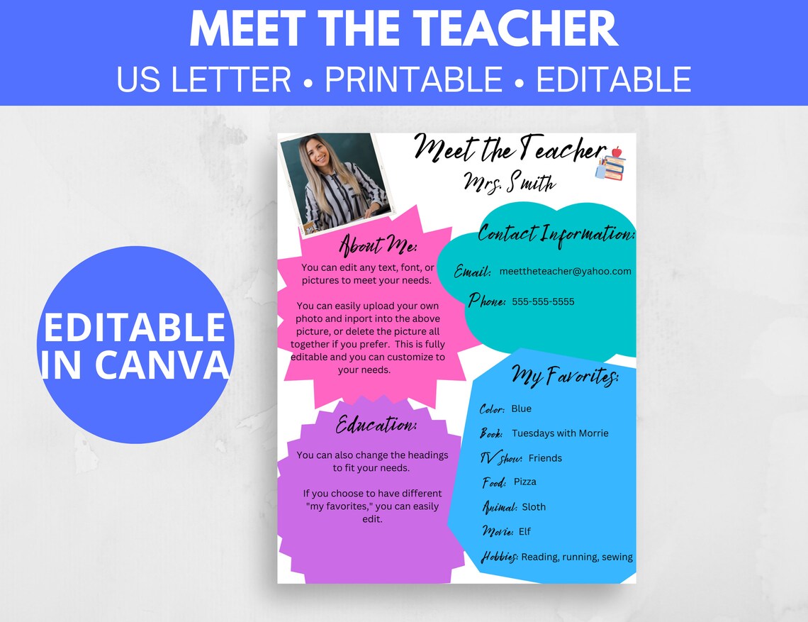 Editable Meet the Teacher Template, Canva Template, All About Me ...