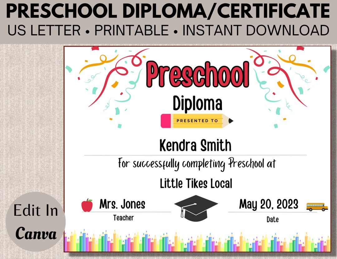 Editable Preschool Diploma Preschool Certificate Preschool - Etsy