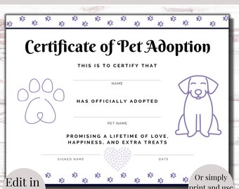 Editable Pet Adoption Certificate, Dog Certificate, Adoption Sign, Pet ...