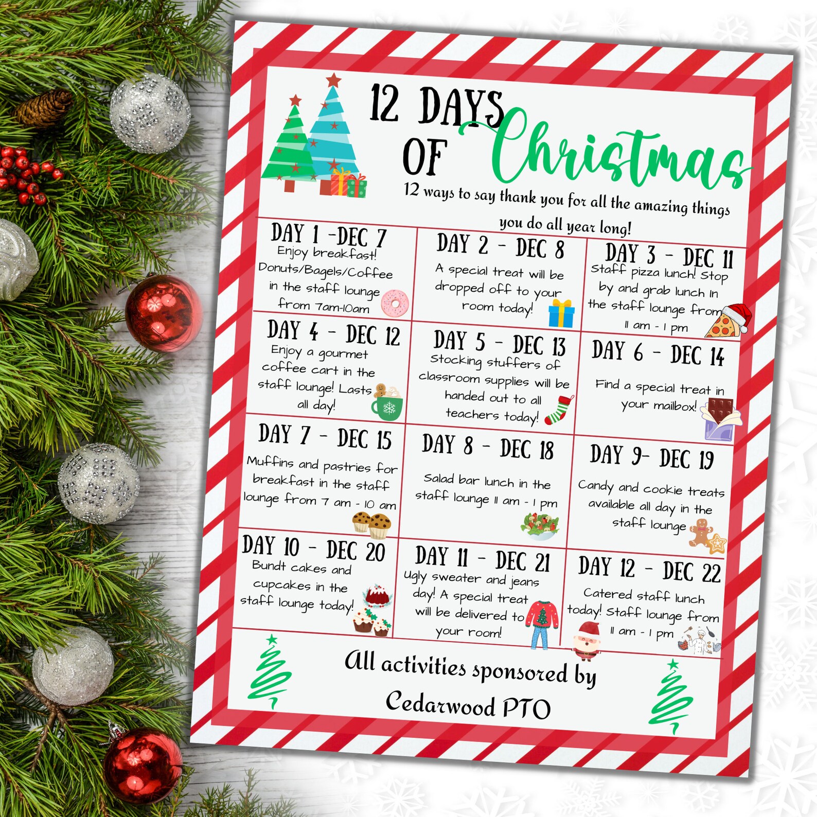 Editable Christmas Holiday Appreciation Flyer, Teacher 12 Days of ...