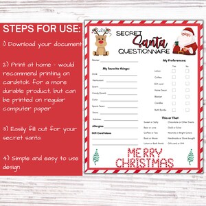 Secret Santa Questionnaire | Christmas Gift | Stocking Stuffer ...