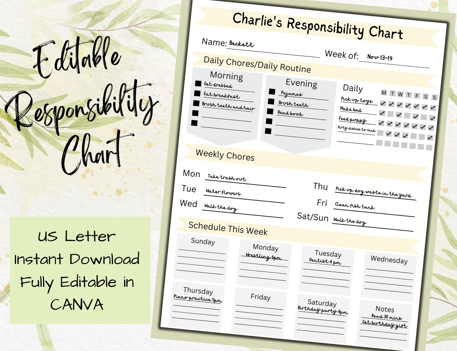 Editable Printable Responsibility Chart, Editable Chore Chart, Reward ...