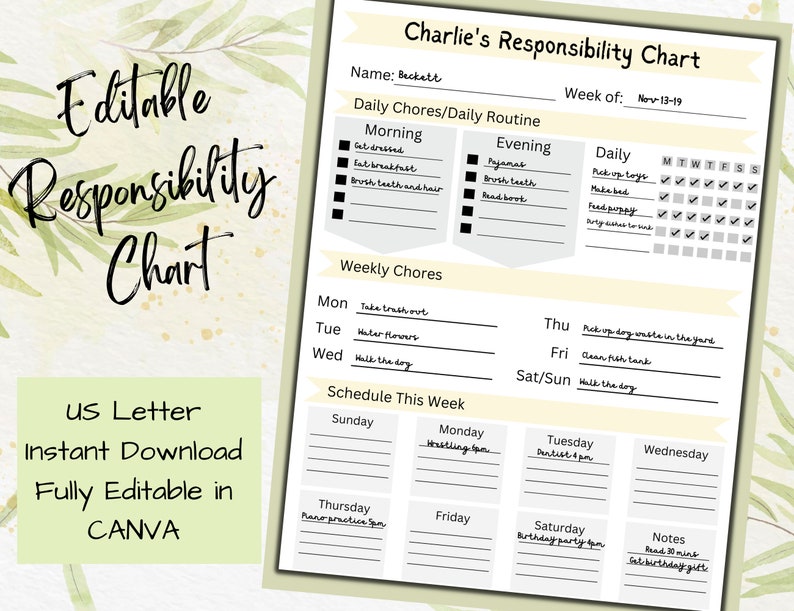 Editable Printable Responsibility Chart, Editable Chore Chart, Reward ...