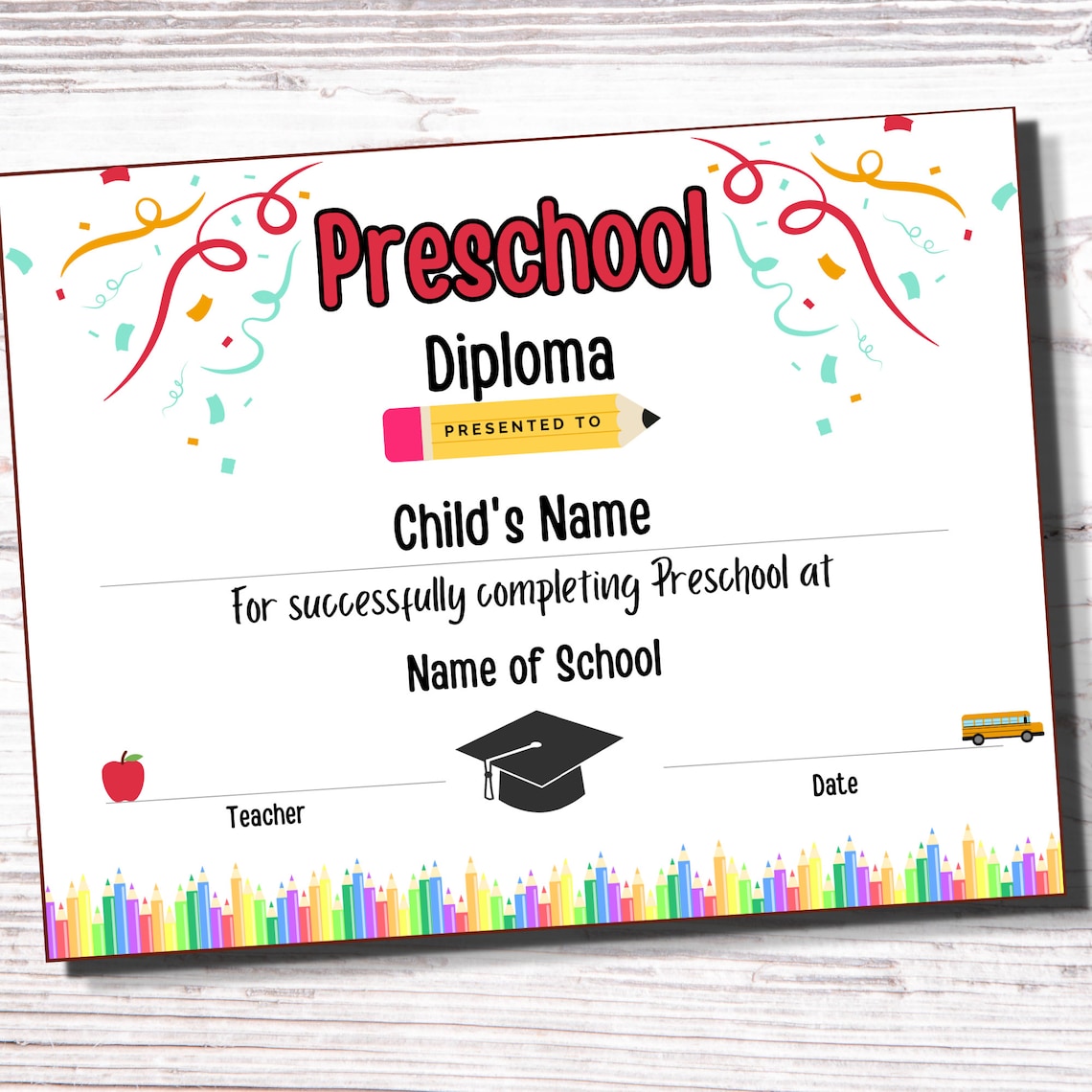 Editable Preschool Diploma, Preschool Certificate, Preschool Graduation ...