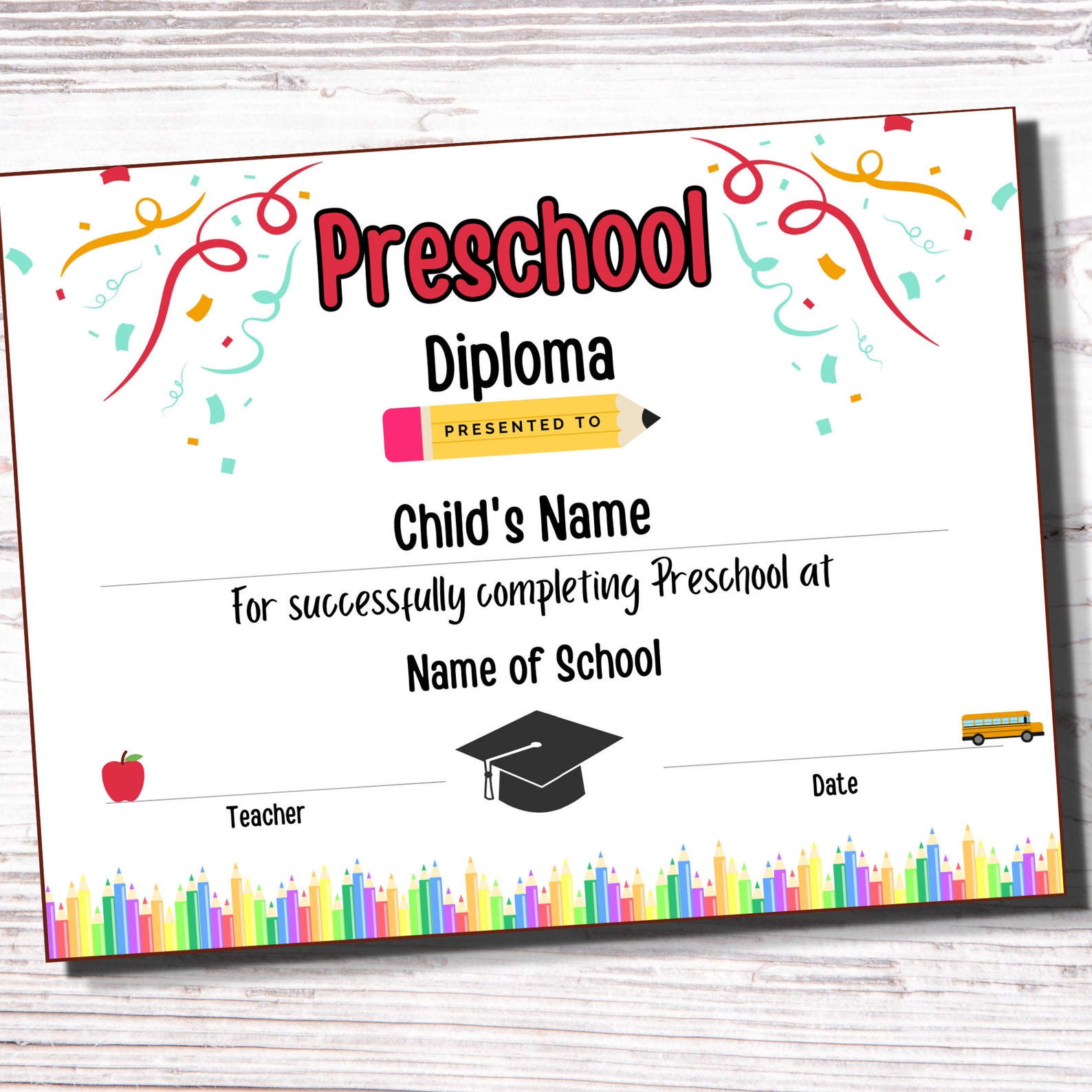 Editable Preschool Diploma, Preschool Certificate, Preschool Graduation ...