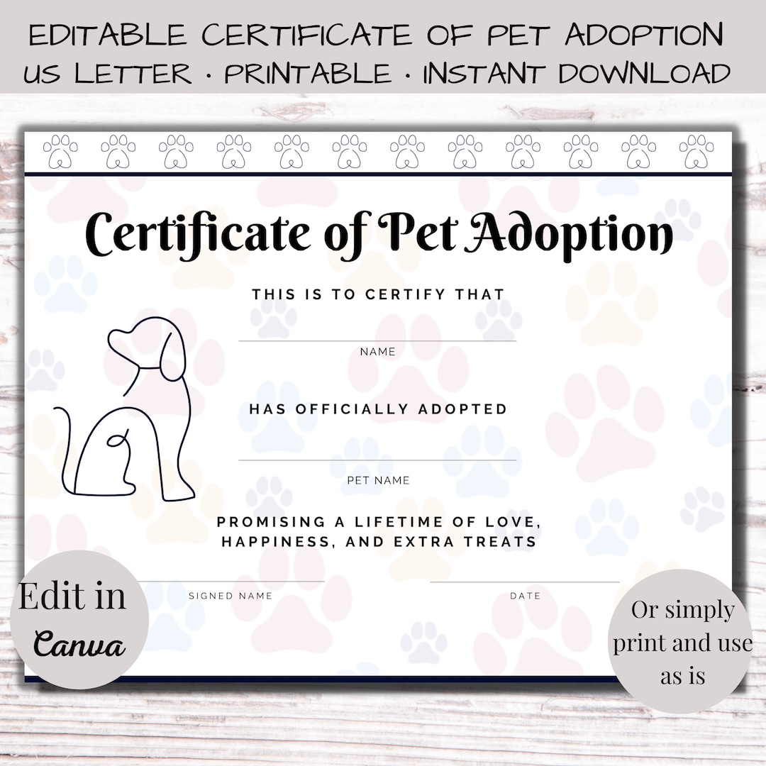 Editable Pet Adoption Certificate | Dog Certificate | Adoption Sign ...