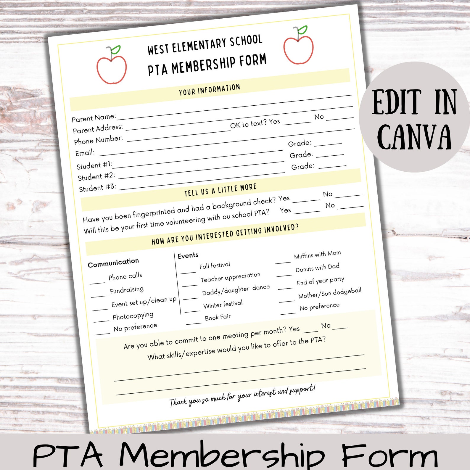 Editable PTA/PTO Membership Form, Edit in Canva, PTA Forms, Volunteer ...