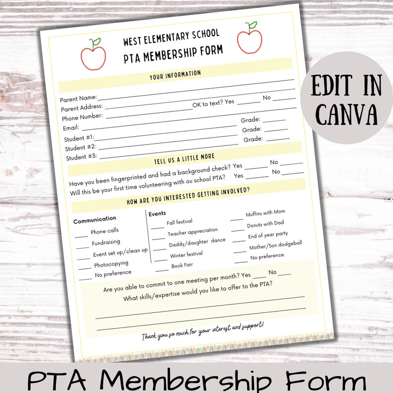 Editable PTA/PTO Membership Form, Edit in Canva, PTA Forms, Volunteer ...