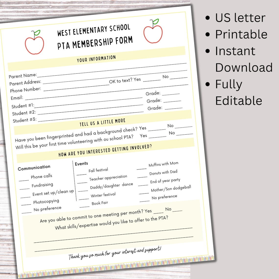 Editable PTA/PTO Membership Form, Edit in Canva, PTA Forms, Volunteer ...
