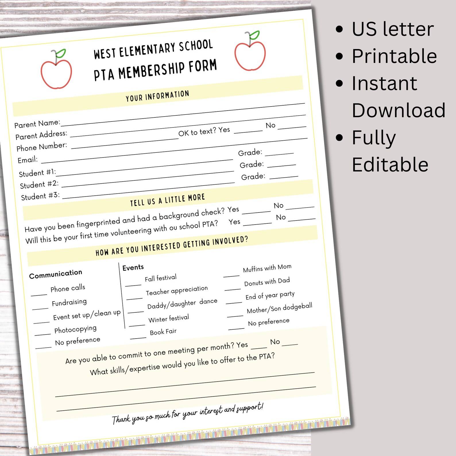 Editable PTA/PTO Membership Form, Edit in Canva, PTA Forms, Volunteer ...