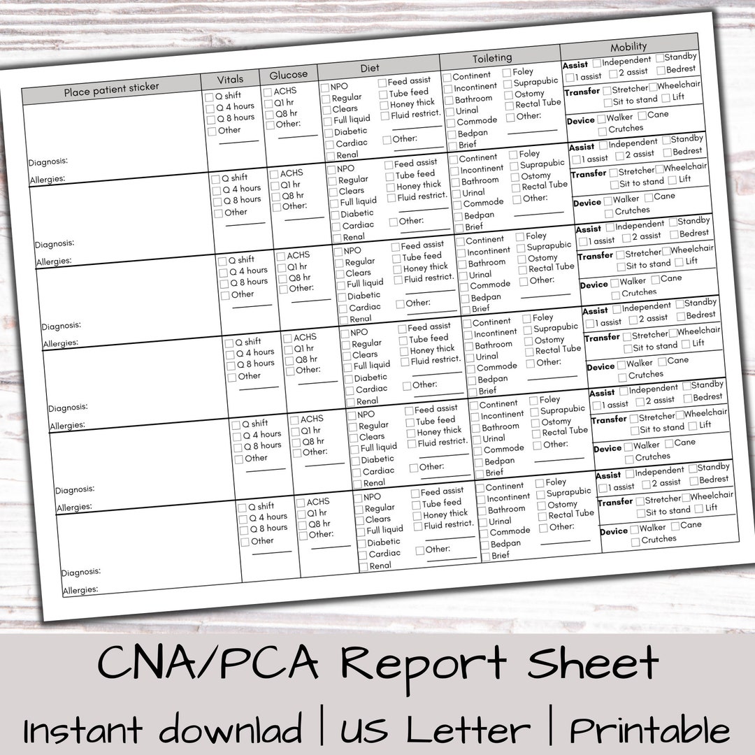 CNA Report Sheet, Multiple Patient Report Sheet, Tech Shift Report, PCT ...