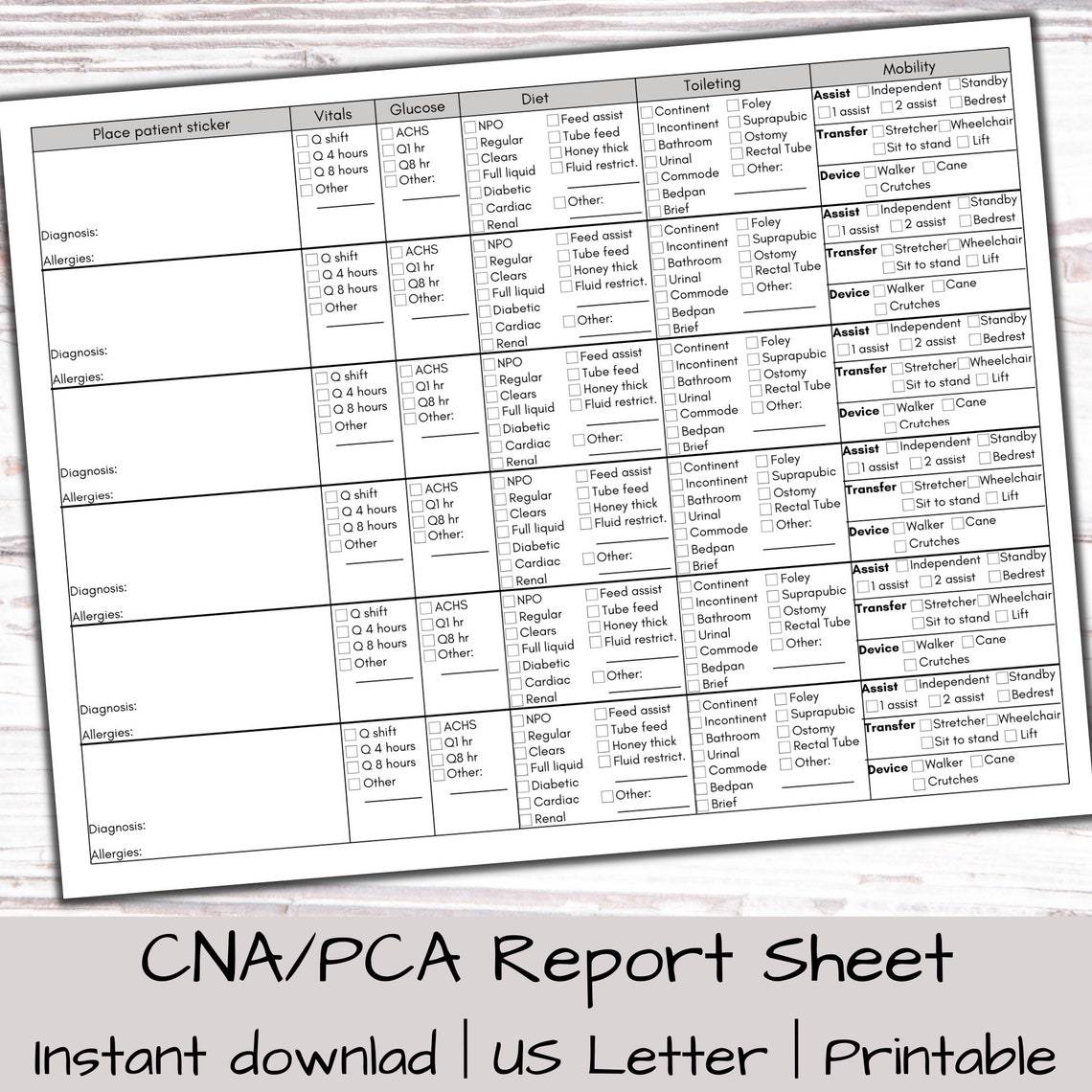 CNA Report Sheet, Multiple Patient Report Sheet, Tech Shift Report, PCT ...
