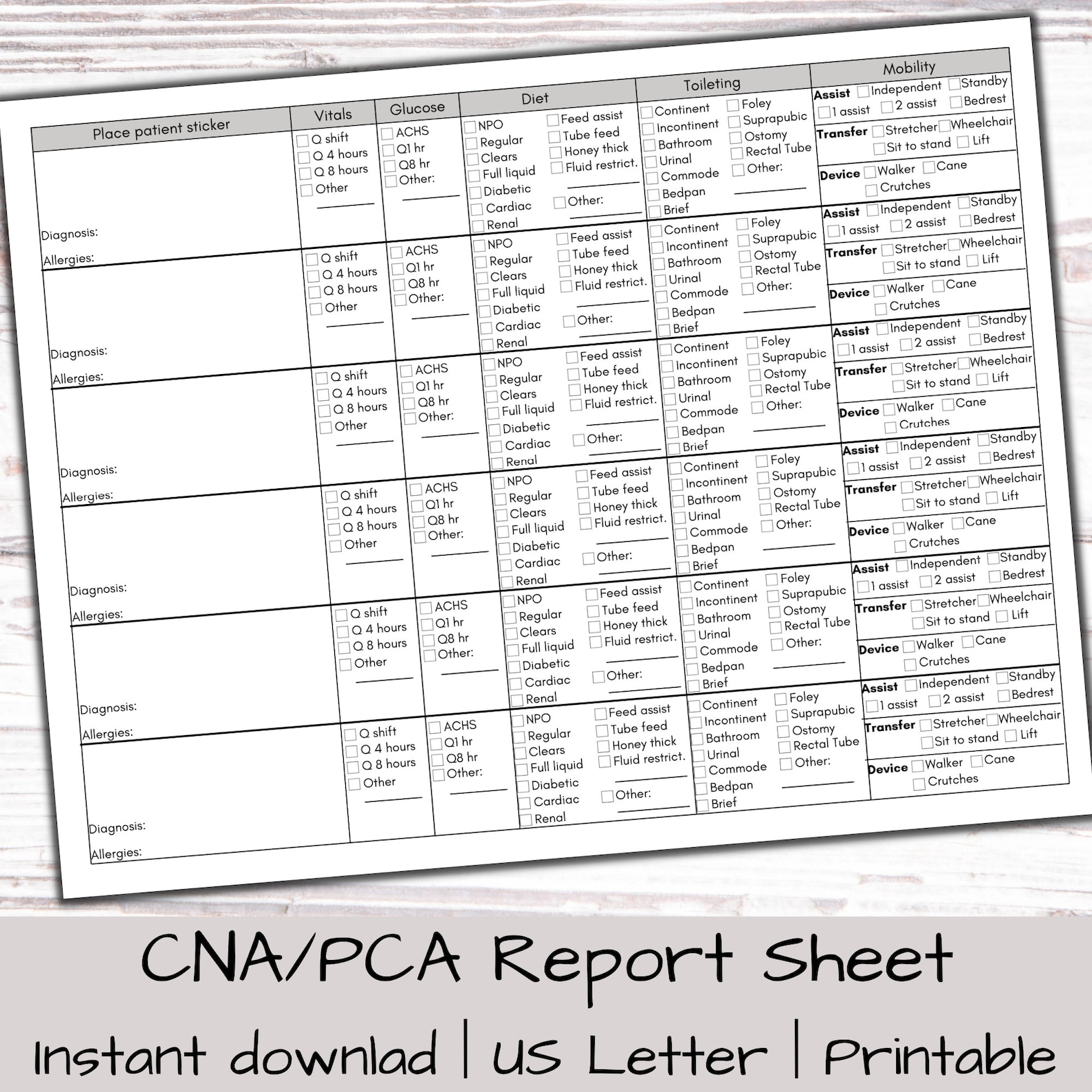 CNA Report Sheet, Multiple Patient Report Sheet, Tech Shift Report, PCT ...