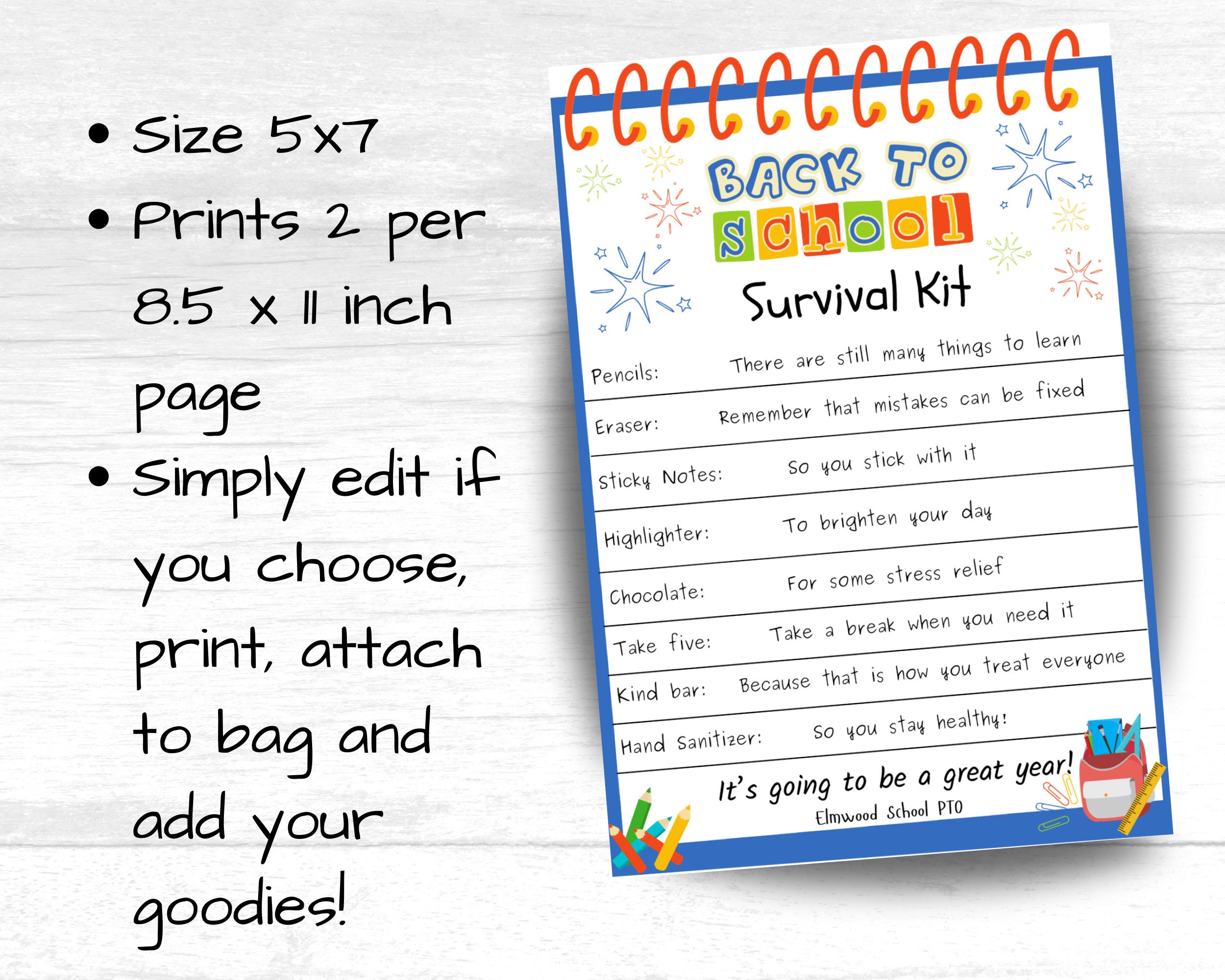 Editable Back to School Survival Kit Tag | Welcome Back First Day ...