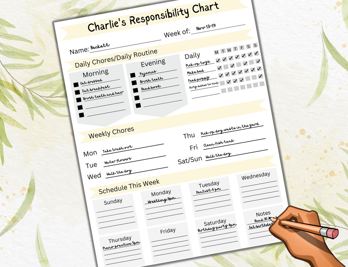 Editable Printable Responsibility Chart, Editable Chore Chart, Reward ...