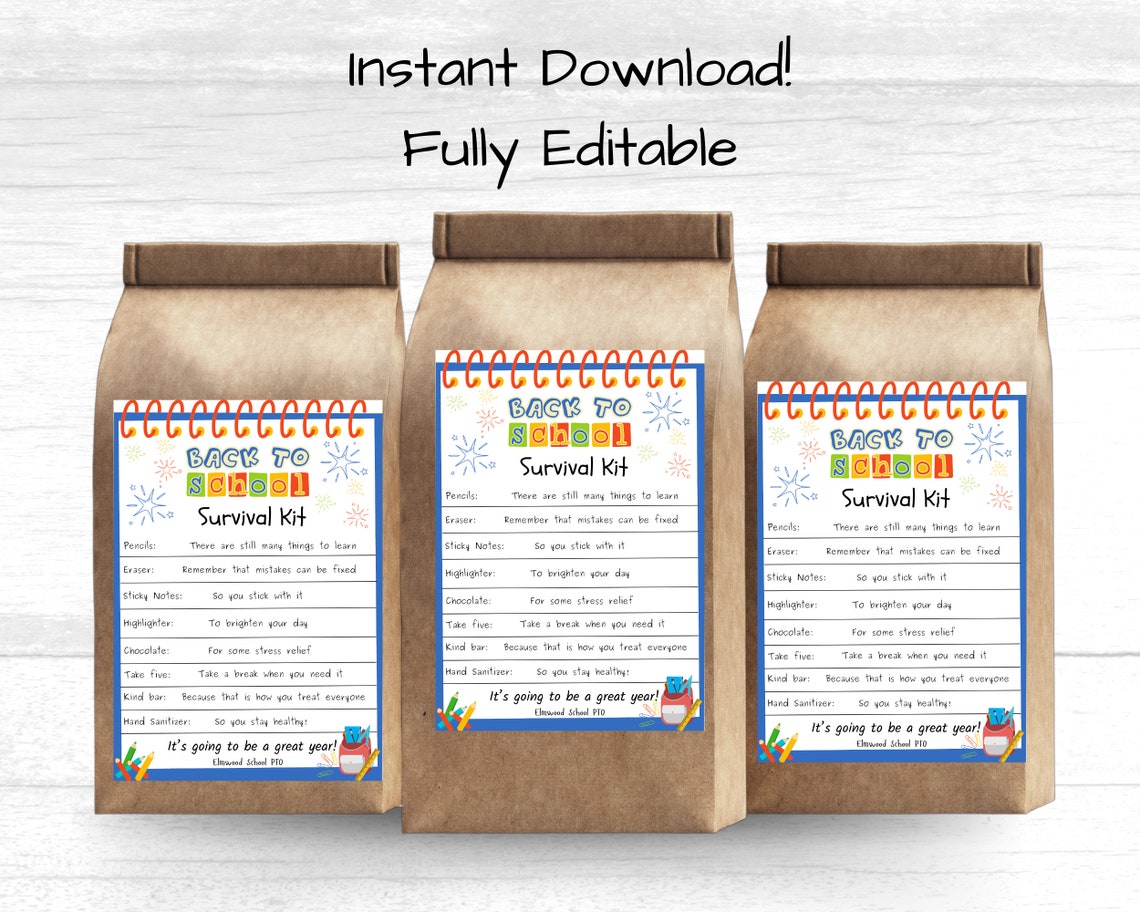 Editable Back to School Survival Kit Tag Welcome Back First Day School ...