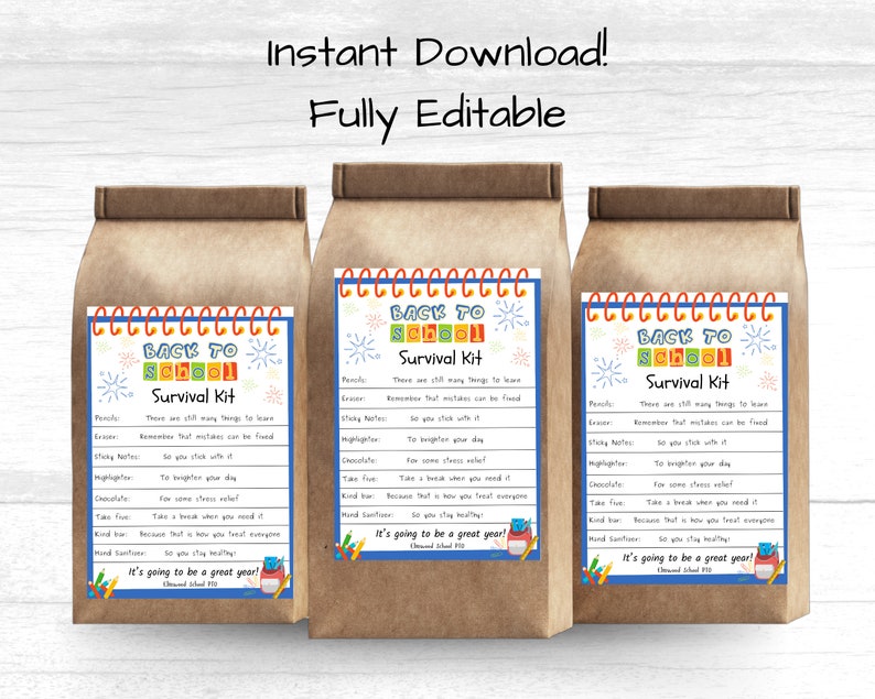 Editable Back to School Survival Kit Tag | Welcome Back First Day ...