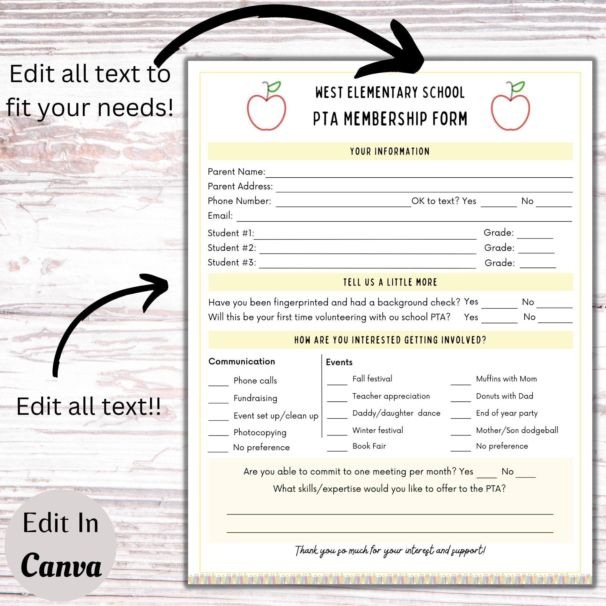 Editable PTA/PTO Membership Form, Edit in Canva, PTA Forms, Volunteer ...