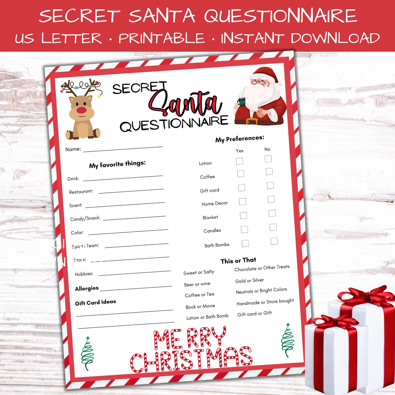 Secret Santa Questionnaire | Christmas Gift | Stocking Stuffer ...