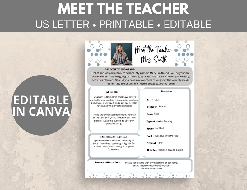 Editable Meet The Teacher Template Canva Template All About Etsy Espa a