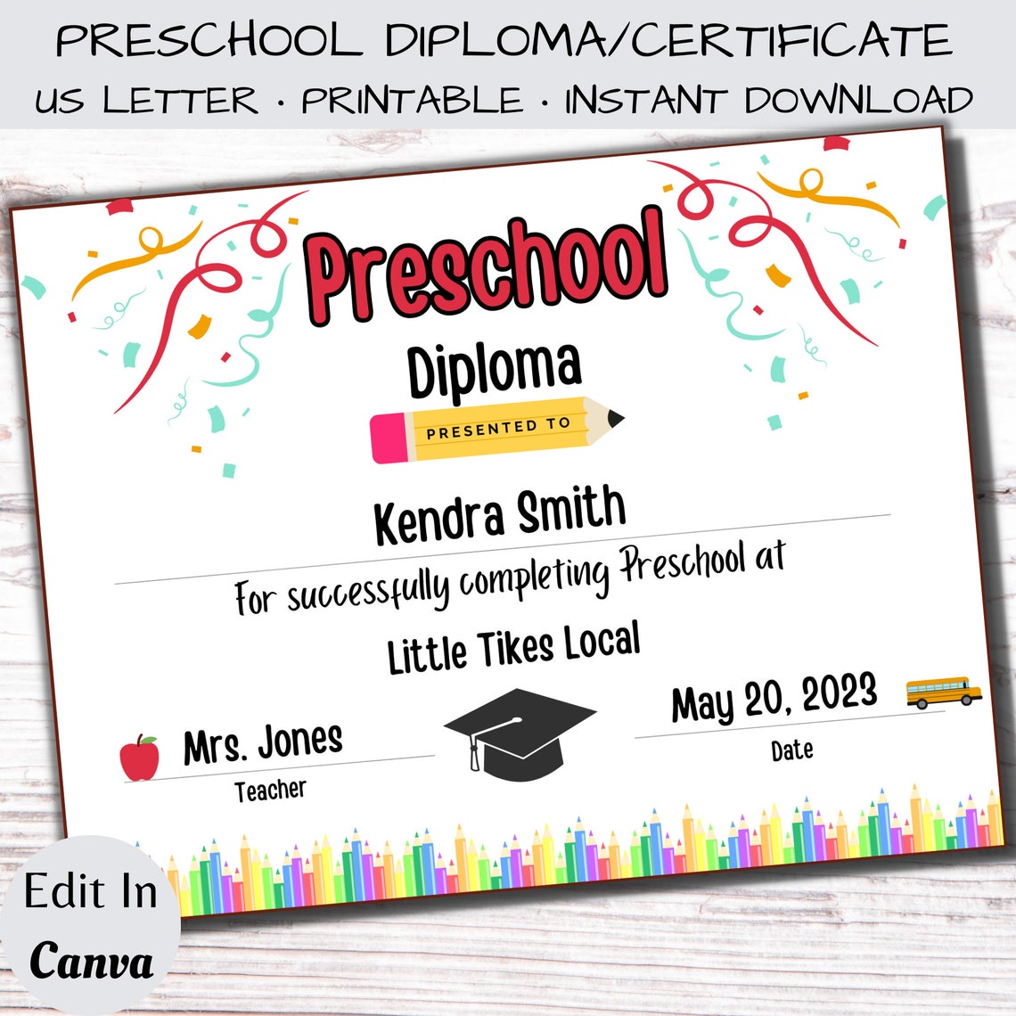 Editable Preschool Diploma, Preschool Certificate, Preschool Graduation ...
