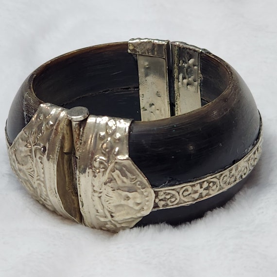 Wood and Silver Pin Lock Bracelet, Vintage 70s, Chunk… - Gem