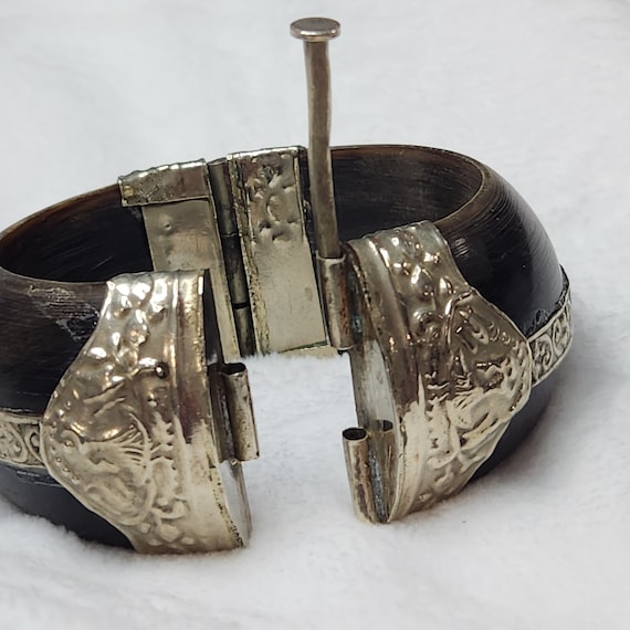Wood and Silver Pin Lock Bracelet, Vintage 70s, Chunk… - Gem