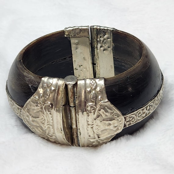 Wood and Silver Pin Lock Bracelet, Vintage 70s, Chunk… - Gem