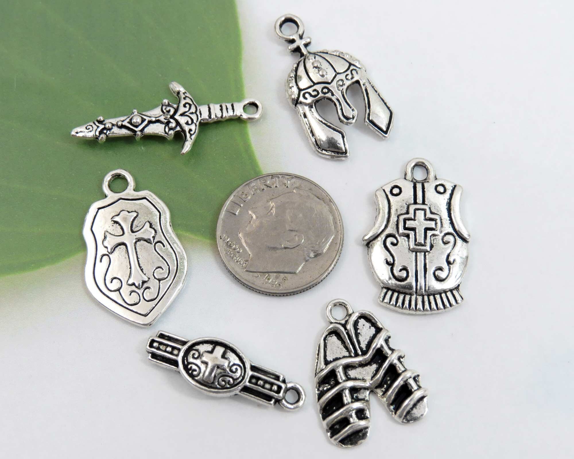 6 Armor of God Charms, Antique Silver Mixed Charm Collection, Quantity ...