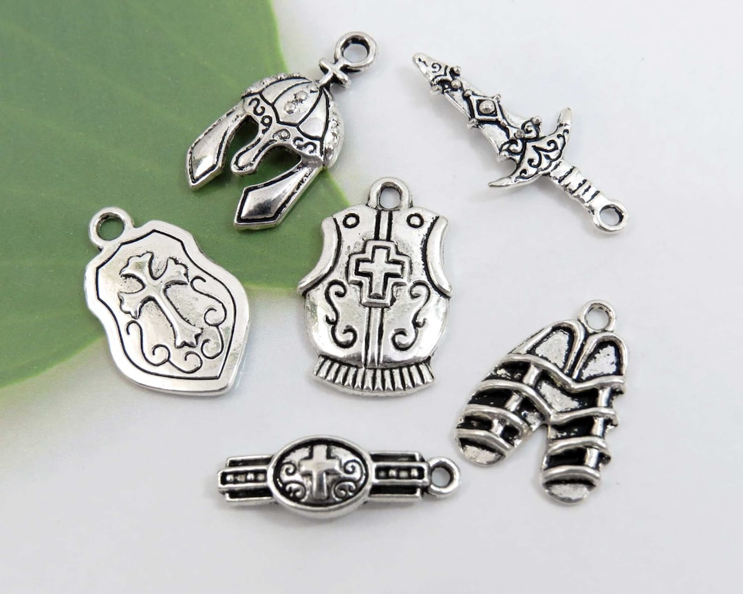 6 ARMOR OF GOD Charms, Antique Silver Mixed Charm Collection, Quantity ...