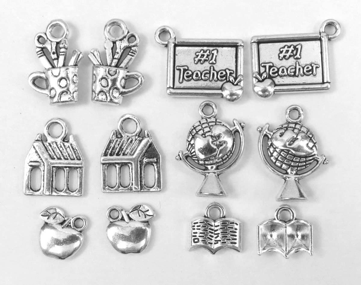 Set of 6 Teacher Themed Charms, Antique Silver Charm Collection - Etsy