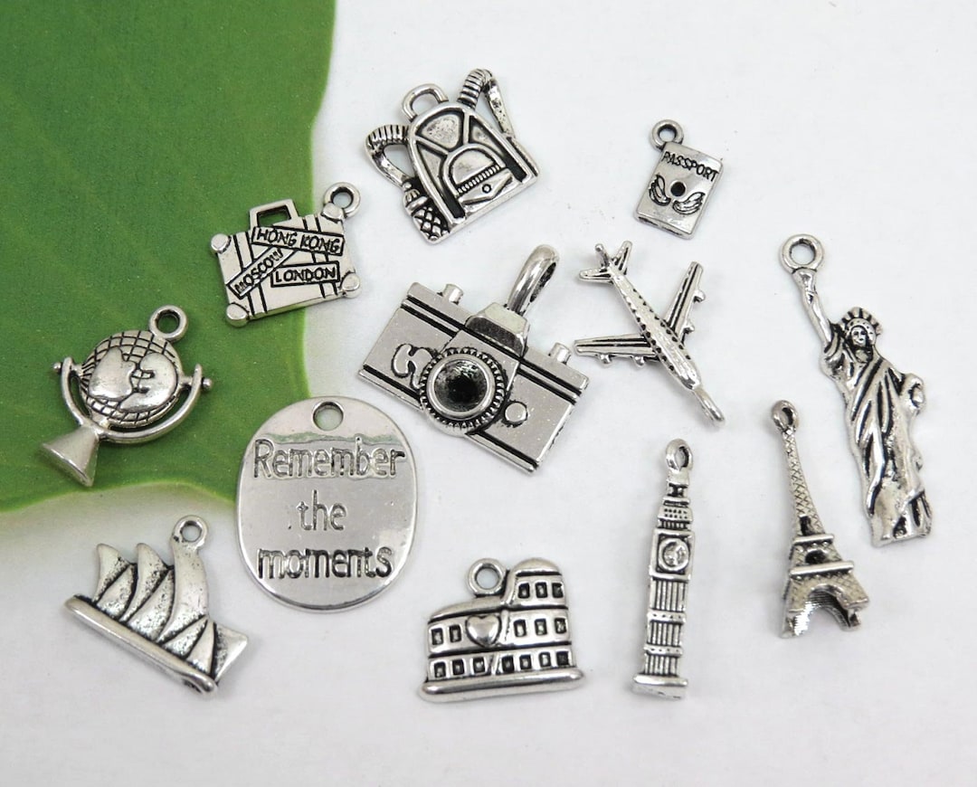 12 AROUND the WORLD Charms, Antique Silver TRAVEL Charm Collection - Etsy
