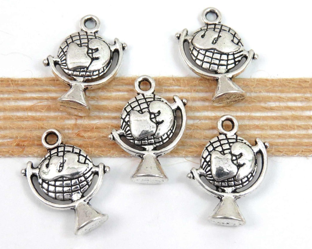 20 WORLD GLOBE Charms, 3d, Bulk Antique Silver SCHOOL Charm Set ...