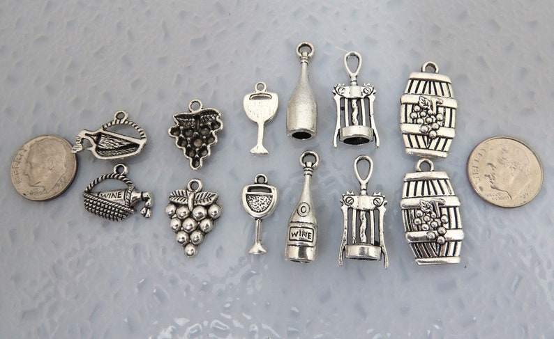 Set of 6 WINE Theme Charms, Antique Silver Charm Collection - Etsy