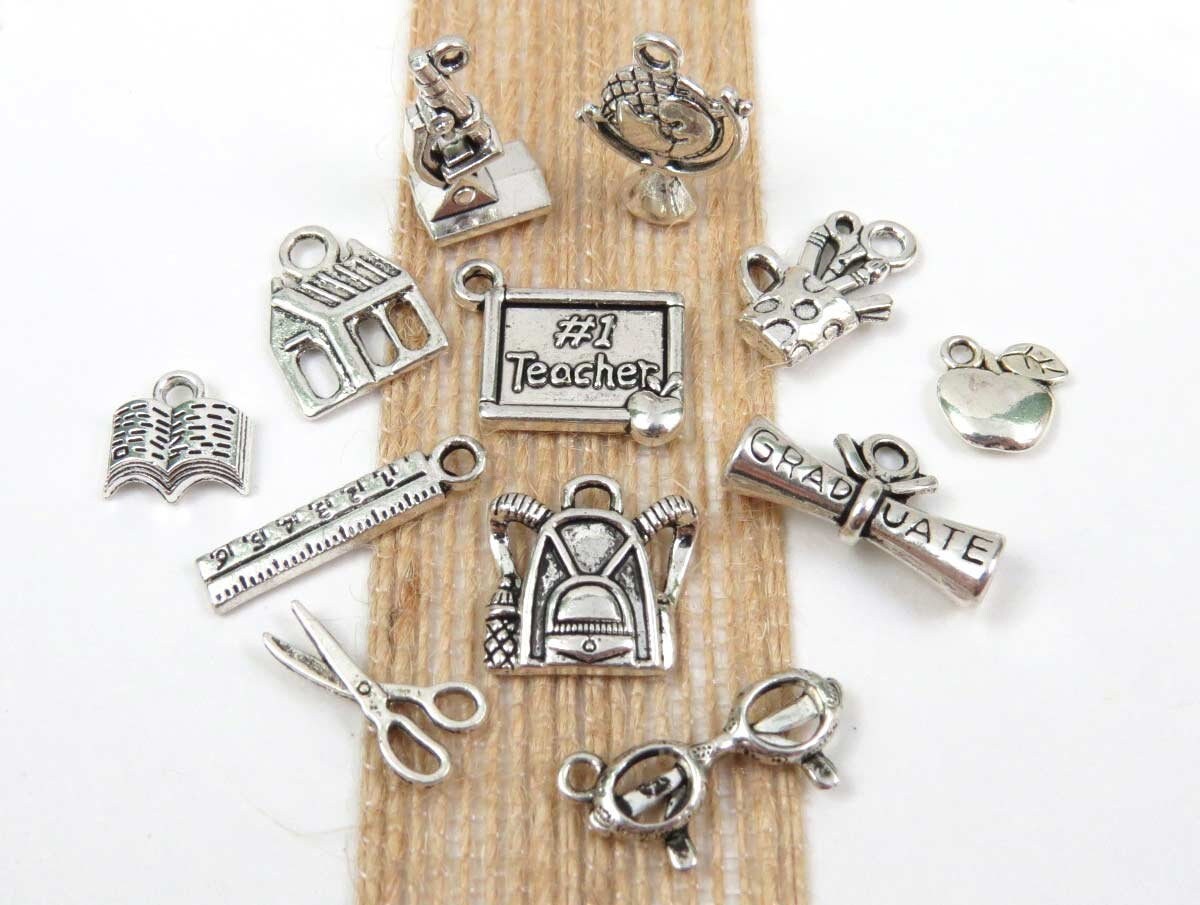 Set of 6 Teacher Themed Charms, Antique Silver Charm Collection - Etsy